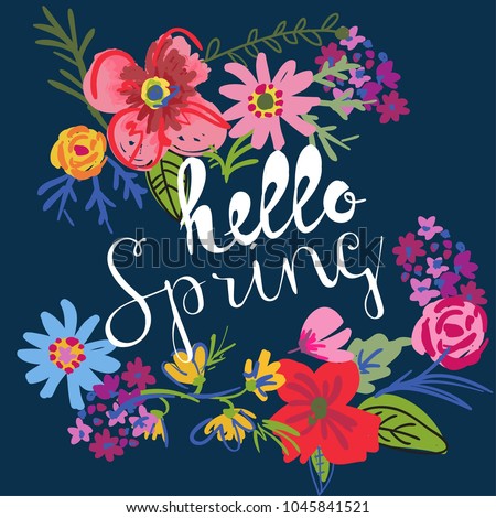 Print Hello Spring Flowers Words Postcards Vector de stock (libre de ...