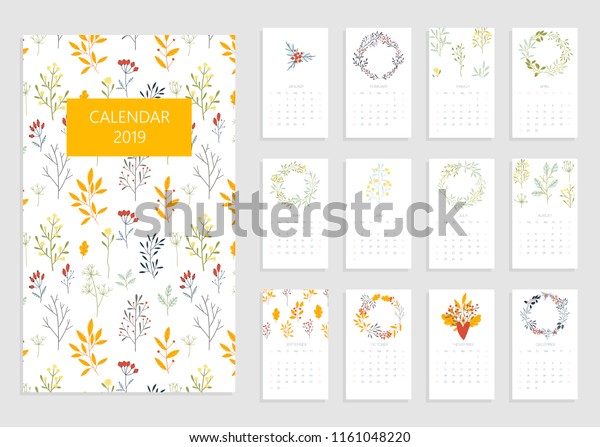 Printable Calendar 2019 Beautiful Botanical Calendar Stock Vector ...