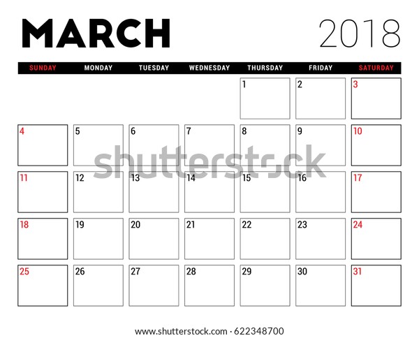 Printable Calendar March 2018 Planner Design Stock Vector (Royalty Free ...