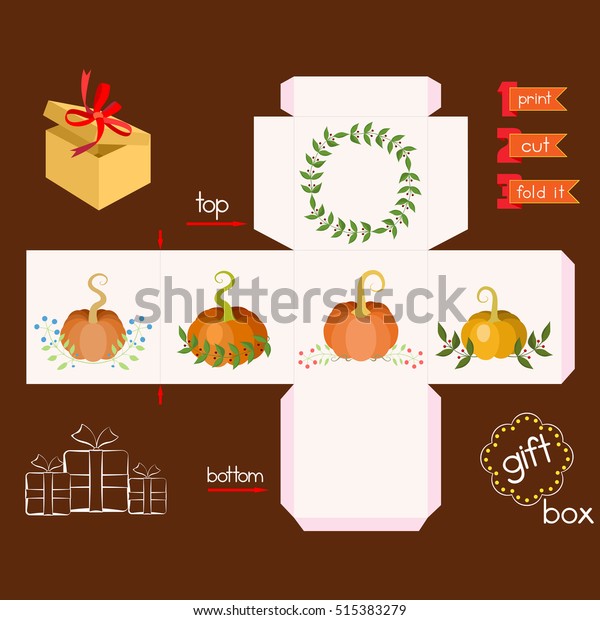 Printable gift box with pumpkins. Template for cubic favor gift box ...