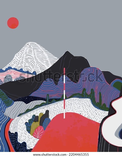 Printmaking Landscape Natural Illustration Vector Map Stock Vector ...