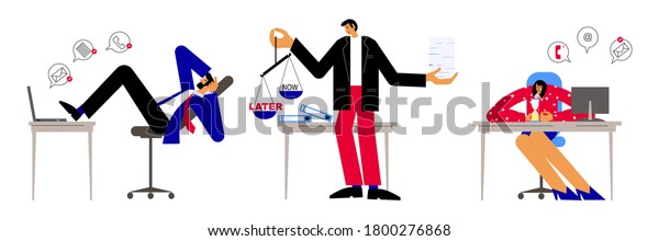 Procrastination Delaying Working Tasks Concept Businessman Stock Vector ...