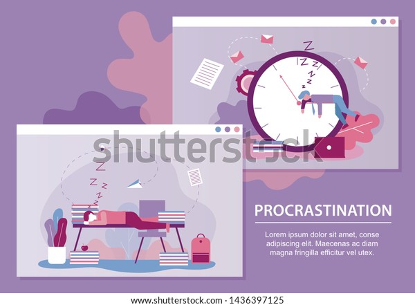 Procrastination Metaphor Text Cartoon Banner Set Stock Vector (Royalty ...