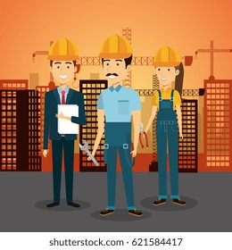 Professional Construction People Characters Cityscape Background Stock ...