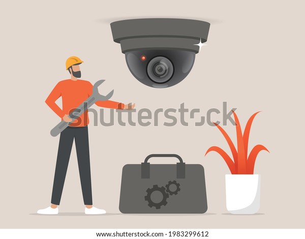 Professionals Installing Cctv Surveillance Cameras Stock Vector ...