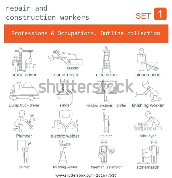 Professions Occupations Outline Icon Set Repair Stock Vector (Royalty ...