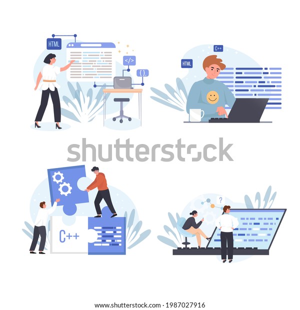 Programming Company Concept Scenes Set Programmers Stock Vector ...