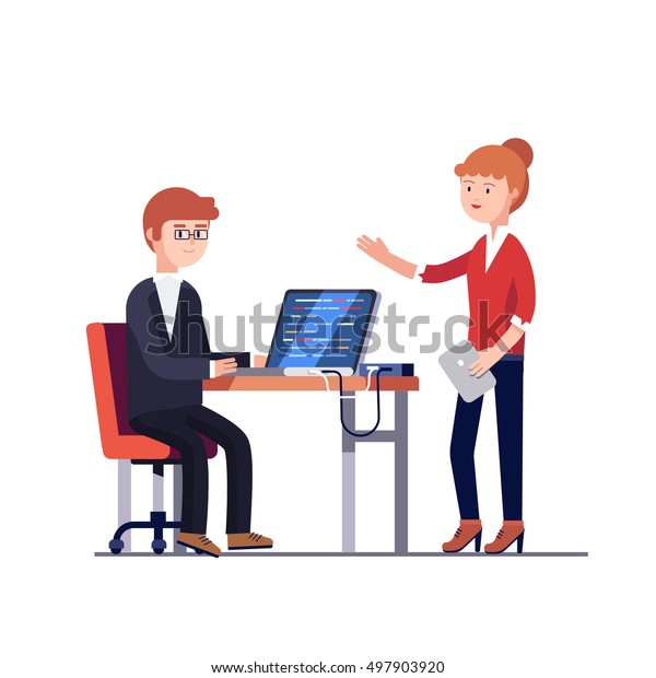 Project Manager Woman Tablet Computer Talking Stock Vector (Royalty ...