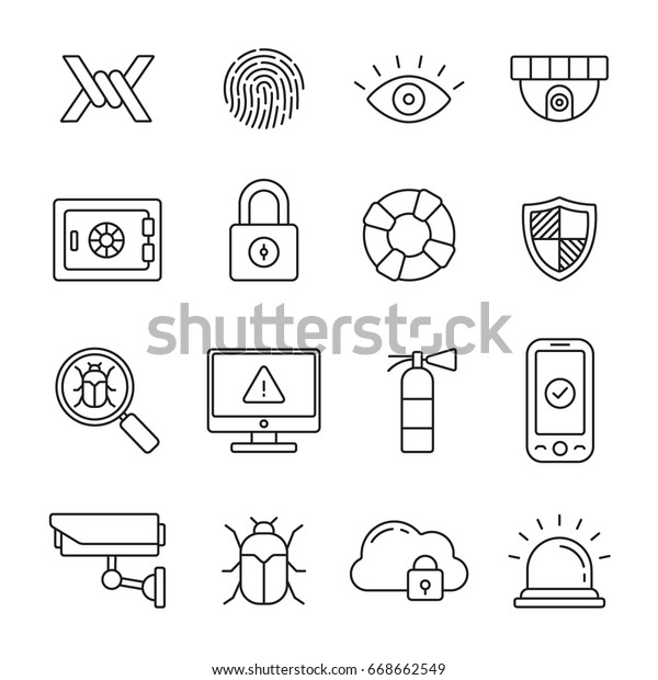 Protection Security Thin Monochrome Icon Set Stock Vector (Royalty Free ...