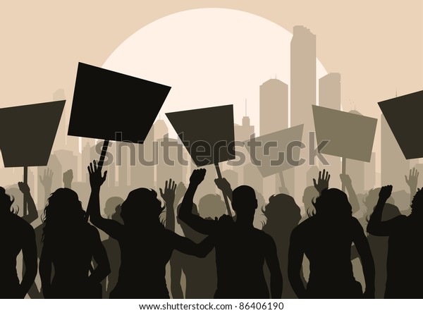 Protesters Crowd Skyscraper City Landscape Background Stock Vector ...