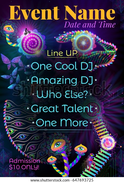 Psychedelic Trance Party Flyer Poster Template Stock Vector (Royalty ...
