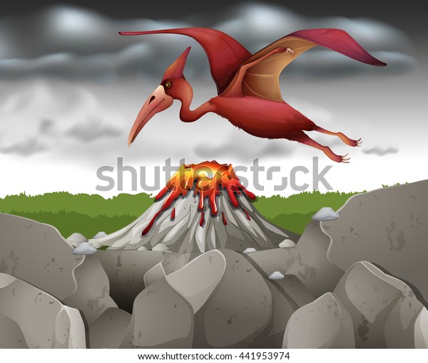 Pterodactyl Dinosaur Flying Over Volcano Illustration Stock Vector ...