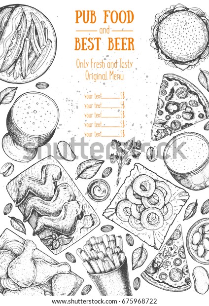 Pub food frame vector illustration. Beer, meat, pizza, fast food and ...