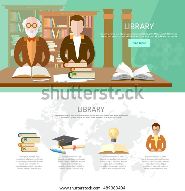 Public library infographic library interior with people reading books ...