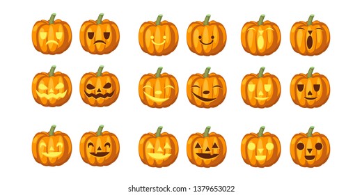 Pumpkins Set Halloween Funny Faces Autumn Stock Vector (Royalty Free ...