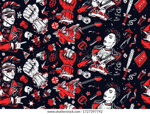 Punk Music Seamless Pattern Punker Mohawk Stock Vector (Royalty Free ...