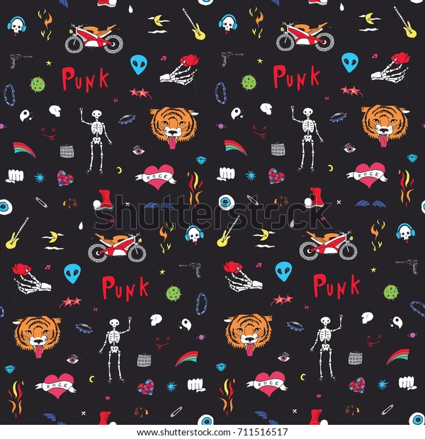 Punk Rock Doodle Objects Black Background Stock Vector (Royalty Free ...