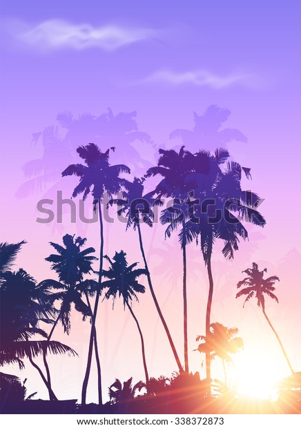 Purple Sunset Palms Silhouettes Vector Poster Stock Vector (Royalty ...