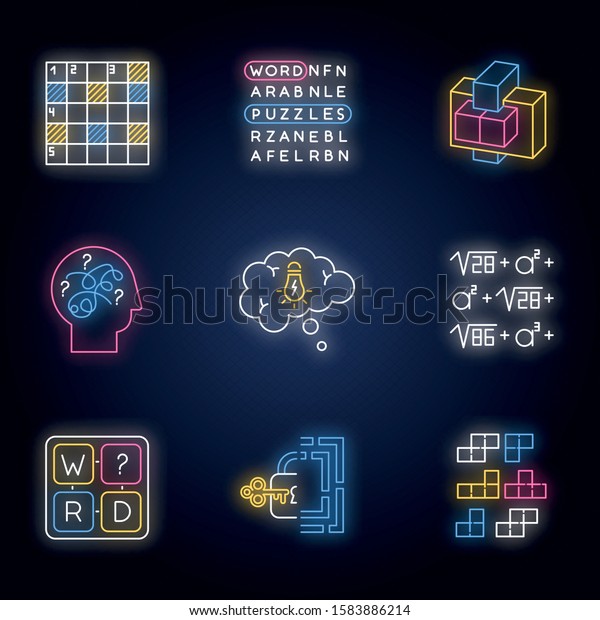 Puzzles Riddles Neon Light Icons Set: vector de stock (libre de ...