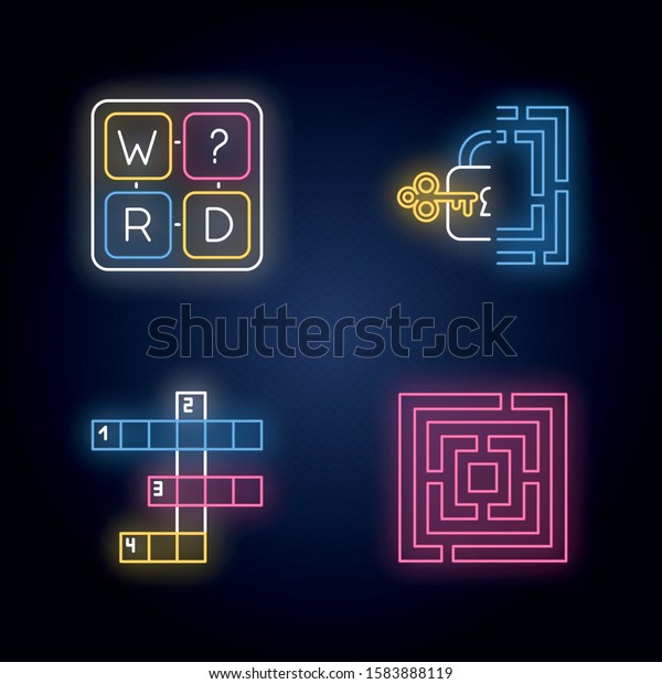 Puzzles Riddles Neon Light Icons Set Stock Vector (Royalty Free ...