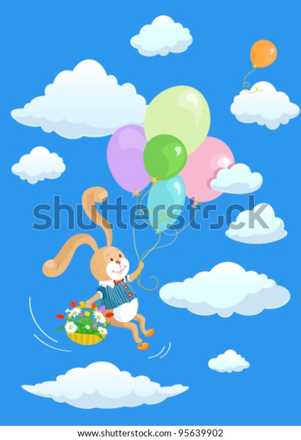 Rabbit Flying By Balloons Stock Vector (Royalty Free) 95639902 ...