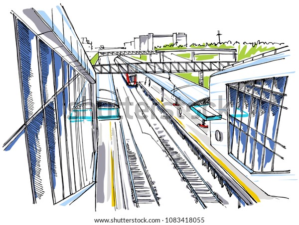 Railway Station Sketch Stock Vector (Royalty Free) 1083418055 ...