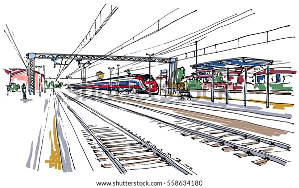 Railway Station Sketch Stock Vector (Royalty Free) 558634180
