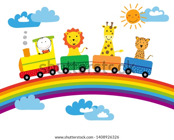 Rainbow Train Animals Colorful Childrens Illustartion Stock Vector ...