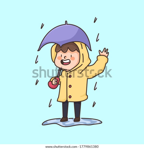 niño que llueve usando un abrigo lindo dibujo de dibujos animados