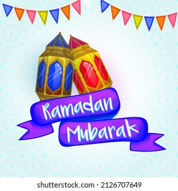 Ramadan Mubarak Message Ribbon Arabic Lanterns Stock Vector (Royalty ...