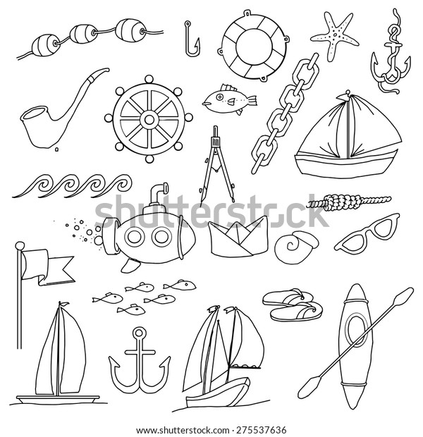 Random Sea Ocean Items Objects Hand Stock Vector (Royalty Free) 275537636