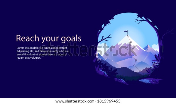 Reach your goals - Mountain top with flag and copy space for text ...