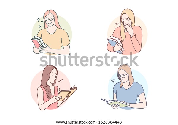 Reading interesting or boring book set concept. Woman yawns, reading ...
