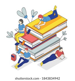 Reading People Isometric Composition Small Human Stock Vector (Royalty ...
