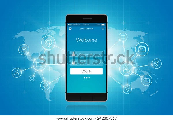 Realistic 3d Smartphone World Map Communication Stock Vector (Royalty ...