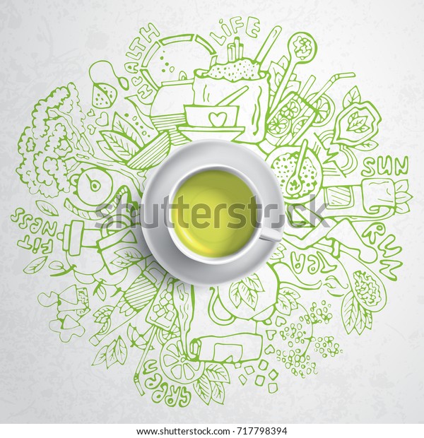 Realistic Cup Green Tea Circle Doodles Stock Vector (Royalty Free ...