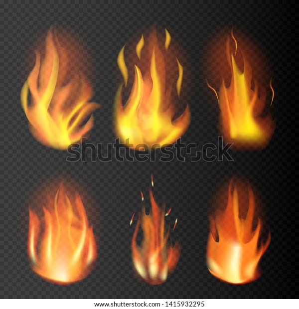 Vektor Stok Realistic Fire Flames Set On Transparent (Tanpa Royalti ...