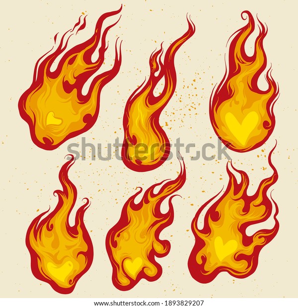 Vektor Stok Realistic Fire Flames Set Vector Illustration (Tanpa ...