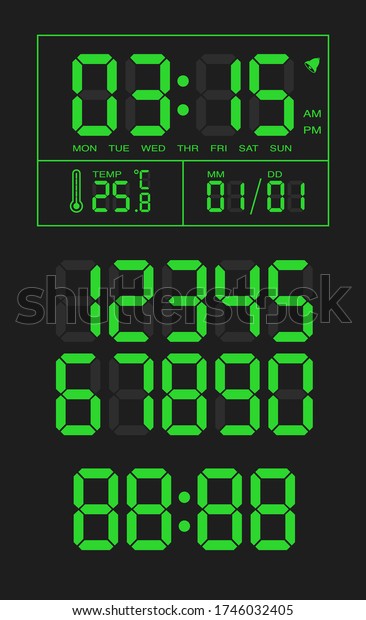 Realistic Green Digital Clock Numbers Vectors Stock Vector (Royalty ...