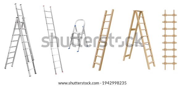 Realistic ladders for housekeeping. Set of stepladders, stair cases and ...