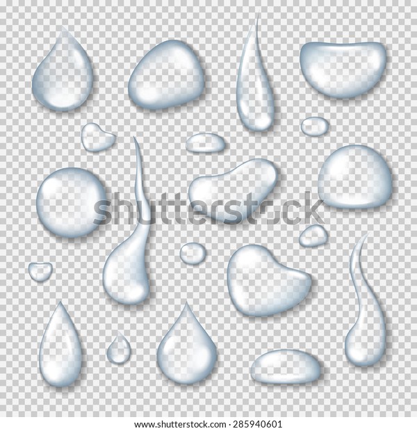 Realistische, transparente Wassertropfen auf hellblauem Hintergrund ...