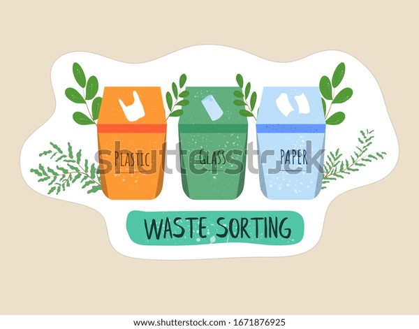 Recycling trash bins for waste sorting poster. Cans for different types ...