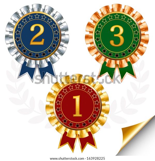 Red, blue and green vector award badges with silver and gold ribbons ...
