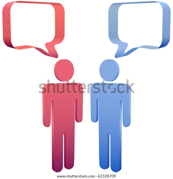 Red and blue people meet and talk in 3D social media speech bubbles