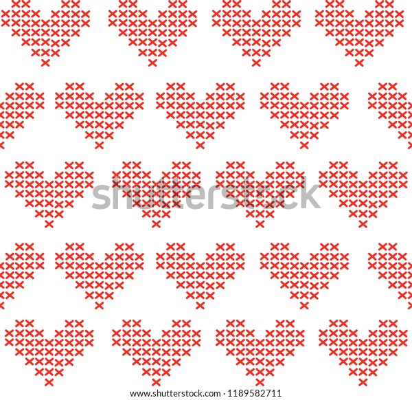 Red Cross stitch heart pattern. Vector on white background