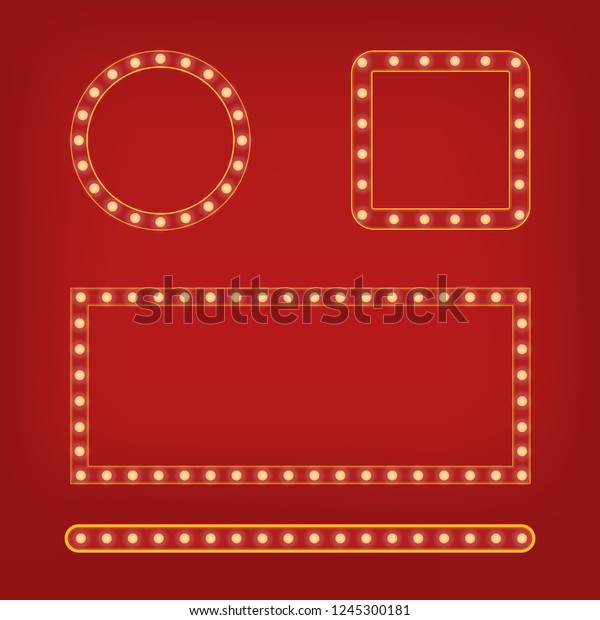 Red frame with light bulb around set. Bright mirror or background ...