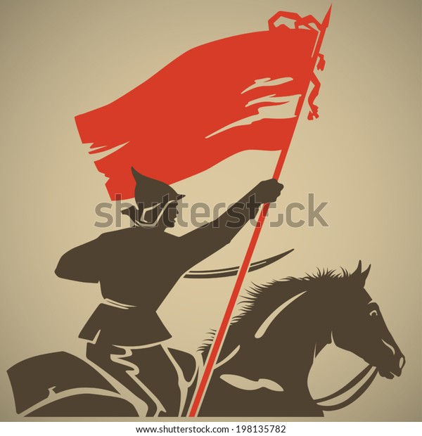 Red guard with red flag in his hand fighting for the Soviet authorities ...