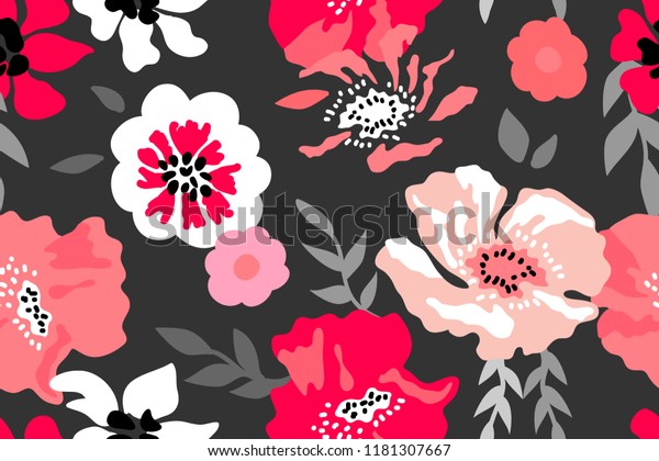 Red Pink Grey Floral Composition Seamless Stock Vector (Royalty Free ...