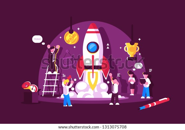 Red rocket start up space with people celebrating and cheering up ...