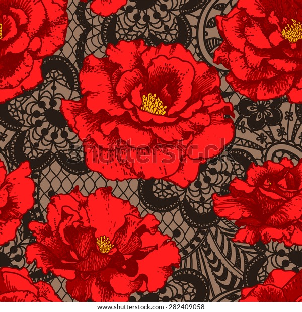 Red Rose Black Lace Seamless Pattern Stock Vector (Royalty Free) 282409058